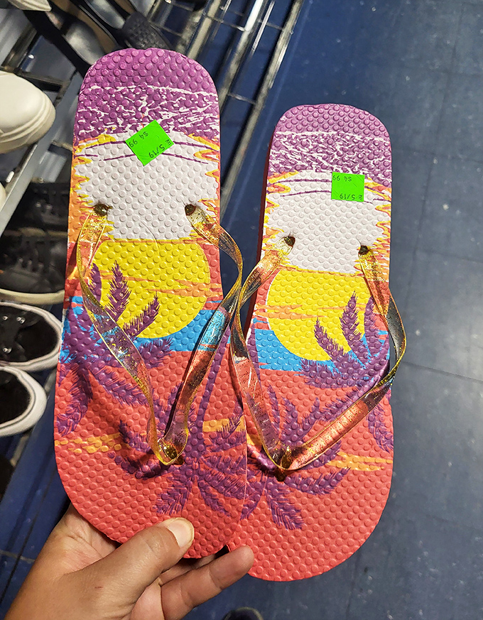 Beach-ready flip-flops with tropical vibes, waiting for their next summer adventure. Vacation footwear at staycation prices.