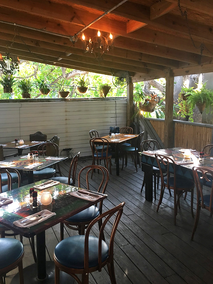 Dining under the gentle embrace of hanging plants and wooden beams feels like being in your most interesting friend's secret garden.
