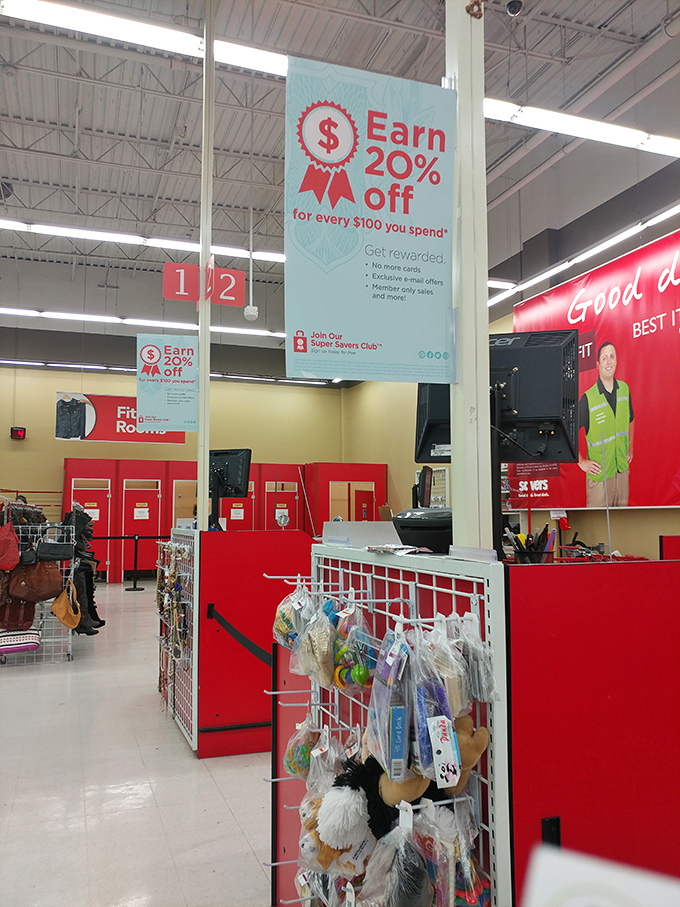 Signs advertise the Super Savers Club &ndash; because the only thing better than thrift store prices is thrift store prices with a discount.