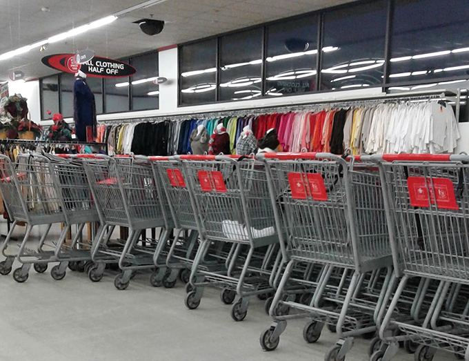 Shopping cart lineup: the starting gate for thrift store marathoners. These chariots await their pilots for journeys through bargain country.