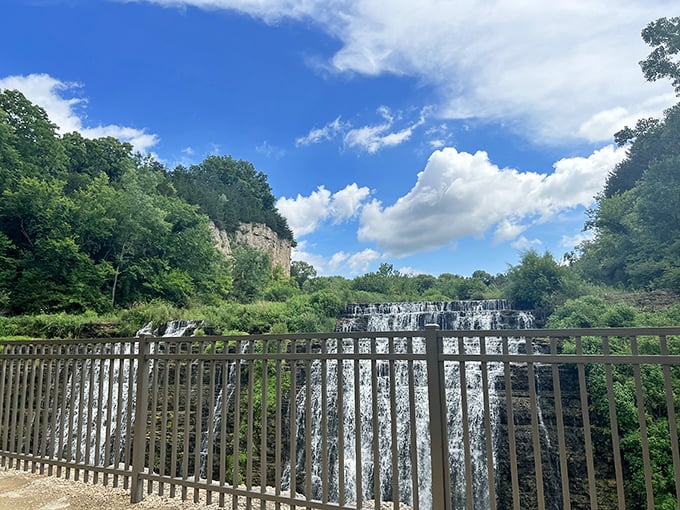 The view that launched a thousand Instagram posts. Behind these railings lies the perfect blend of accessibility and wilderness that makes Thunder Bay Falls special.