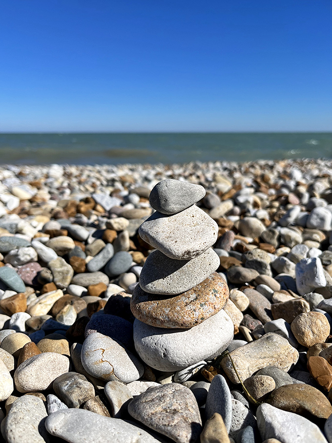 Beach zen achieved. Someone took "finding balance" quite literally, creating a momentary sculpture that captures the meditative quality of a day at Glencoe.
