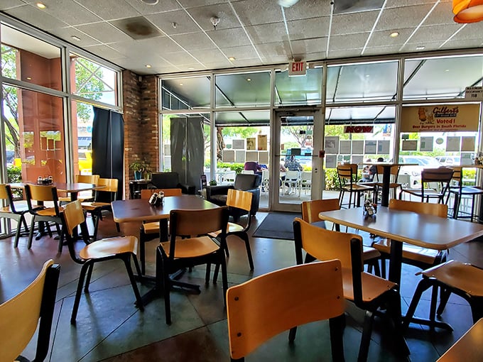 Simple wooden chairs and tables that say, "We're focusing on the food, not the furniture"&mdash;and that's exactly right.