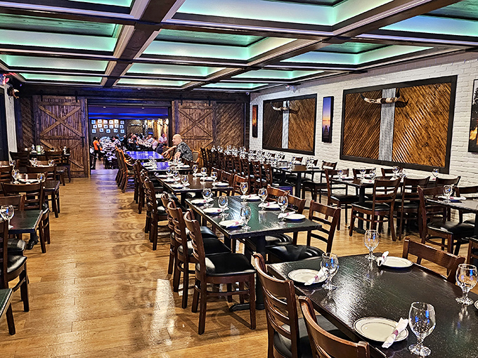 The dining room feels like it's saying, "Come, sit, stay awhile." With lighting this flattering, even your leftovers look good.