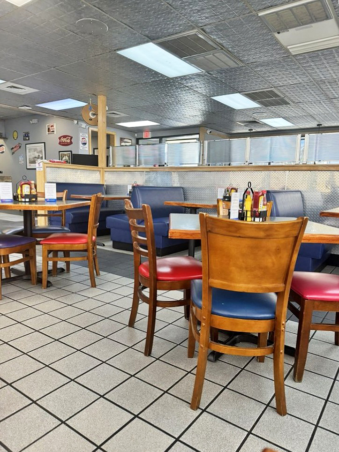 Empty tables that won't stay that way for long. The calm before the breakfast storm, where coffee cups and conversation will soon flow.