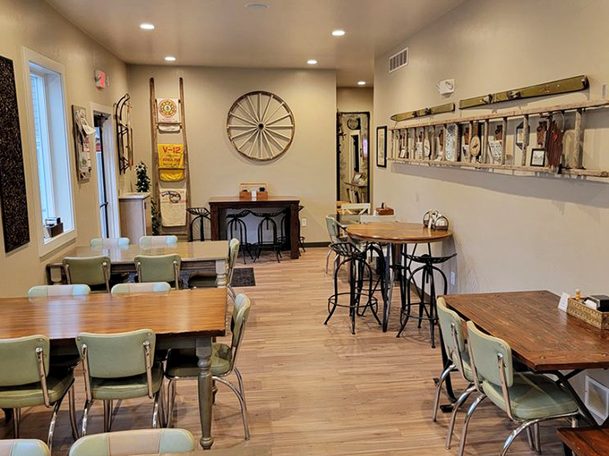 Rustic charm meets practical comfort. The dining area whispers of unhurried conversations and second cups of coffee that stretch into afternoon.