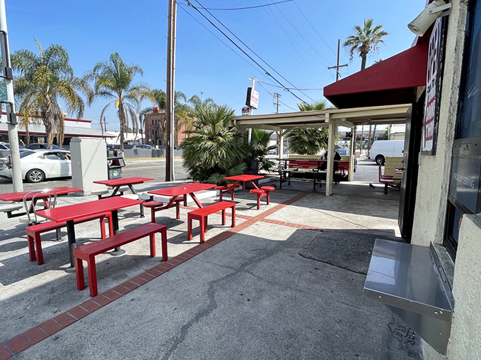 Red picnic tables under the California sun&mdash;simple, unpretentious, perfect. The stage is set for memories made between bites.