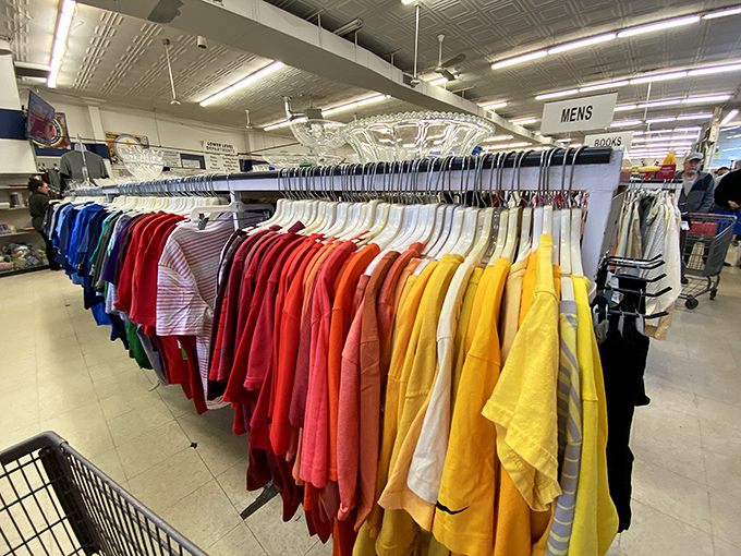 Men's shirts arranged in rainbow formation&mdash;proof that even secondhand shopping can deliver that satisfying color-coordinated dopamine hit.