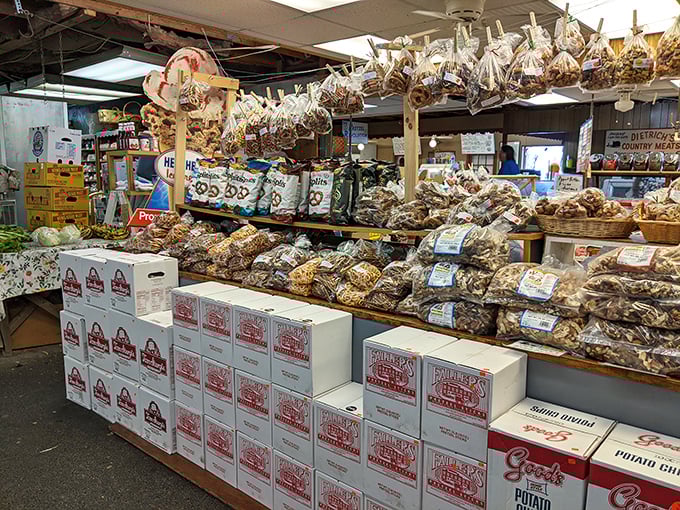 Snack heaven! Pretzel country's finest offerings line these shelves, promising road trip sustenance that beats gas station fare by country miles.