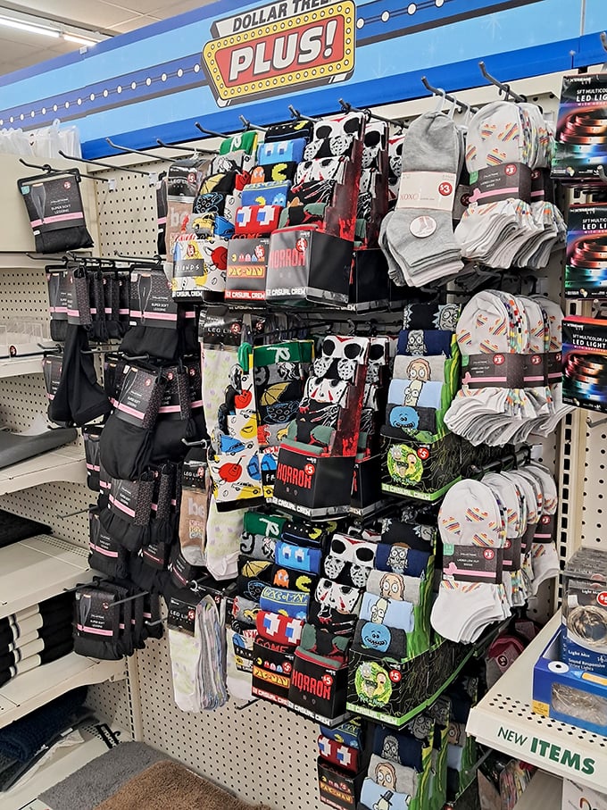The sock aisle&mdash;a rainbow of foot fashion featuring everything from basic black to pop culture characters your grandkids might recognize.