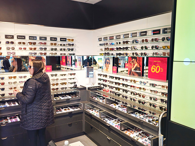 The sunglass wall offers more options than a dating app, each promising to make you look like a movie star incognito.