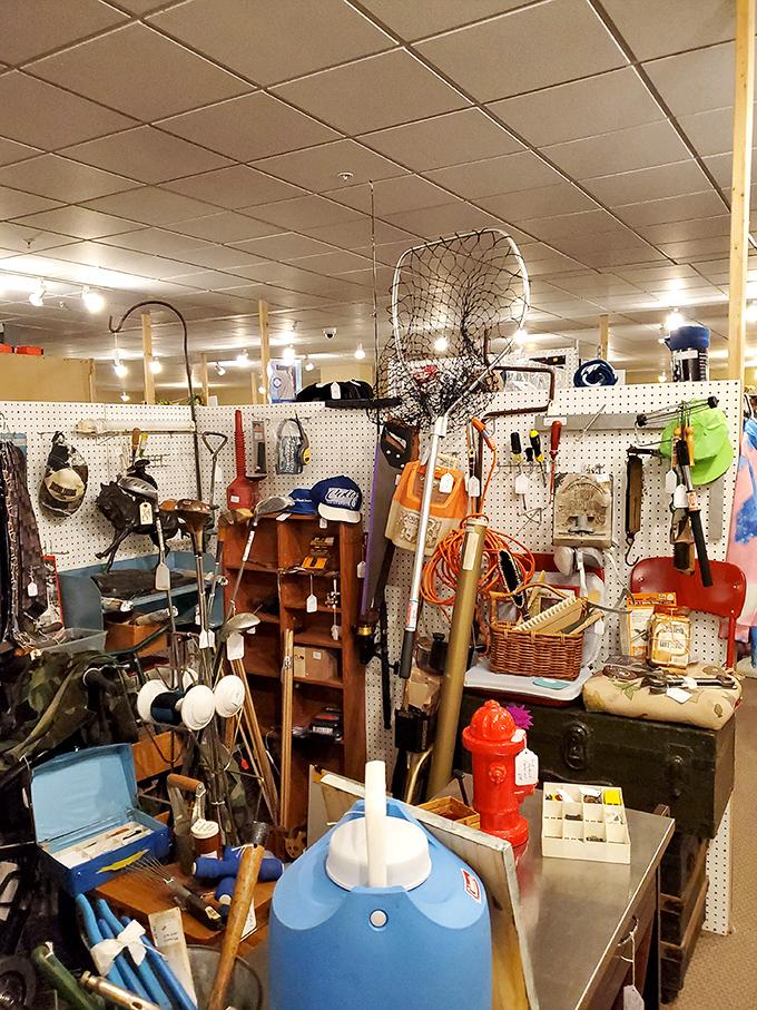 The man cave motherlode—fishing nets, tools, and gadgets whose purposes remain delightfully mysterious. Every dad's dream treasure chest.