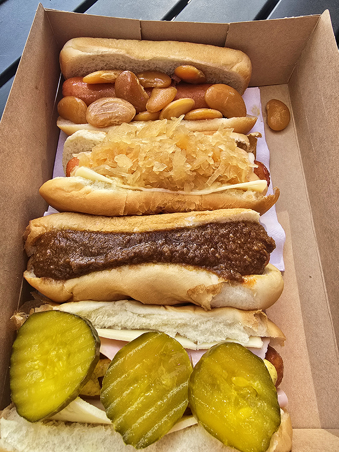 A cardboard treasure chest of hot dog variety. From beans to kraut to chili, this box contains more joy than most five-star restaurants.