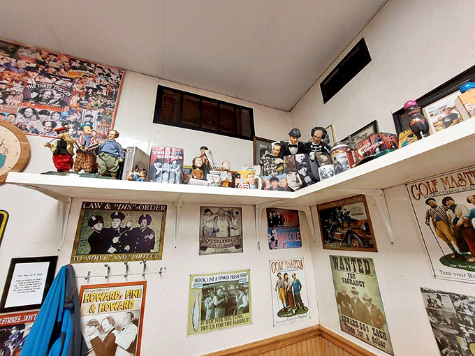 A wall of nostalgia that feeds the soul while you wait for food that feeds the body. Every frame tells a story of American entertainment history.