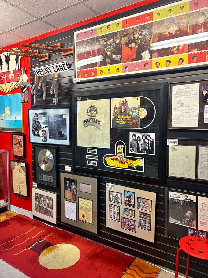Yellow Submarine paraphernalia pops against the rich red walls. The museum's thoughtful layout creates a magical mystery tour through Beatles history.