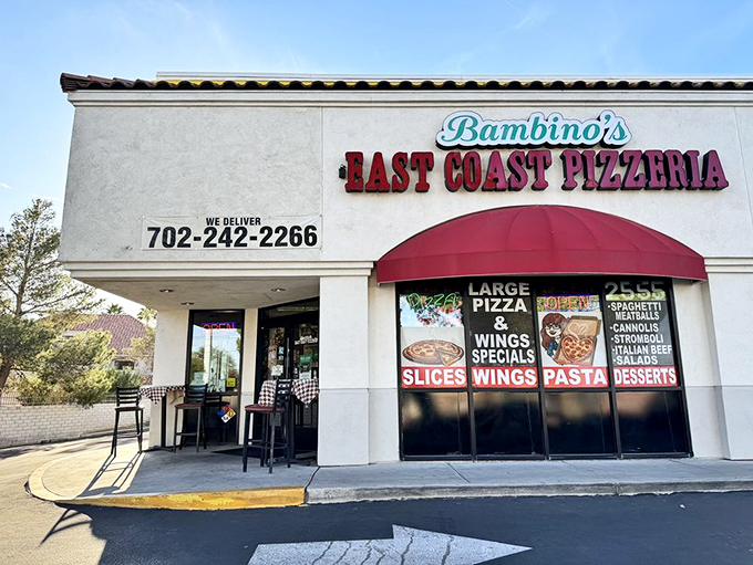 Bambino's red awning signals East Coast attitude in the desert. New York flavor without the subway ride.