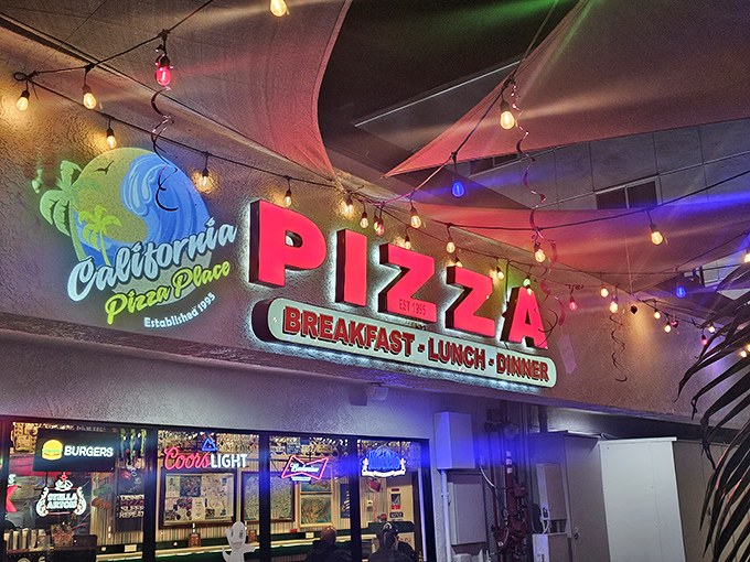 California Pizza Place's colorful lights aren't just decoration&mdash;they're a preview of the flavor fireworks waiting inside.