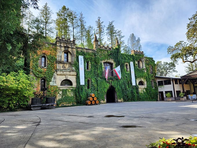Wine country royalty! Chateau Montelena's stone castle rises from vineyard surroundings like something from a storybook.
