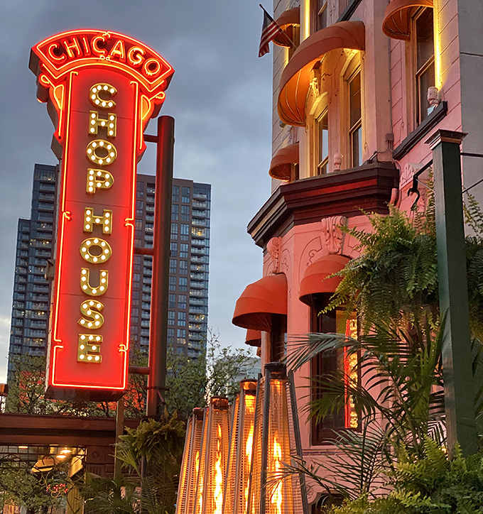 That vertical "Chicago Chop House" sign isn't just neon &ndash; it's a beacon of beef excellence in a city that knows its meat.