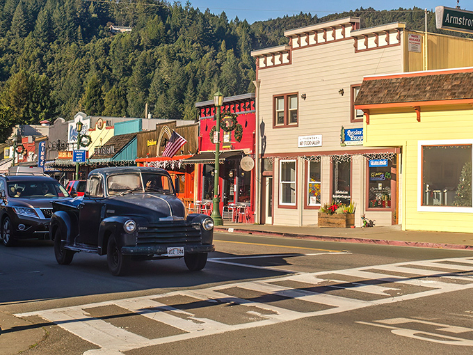 Guerneville's Main Street: where redwood country meets river town in a perfect blend of rustic and relaxed.