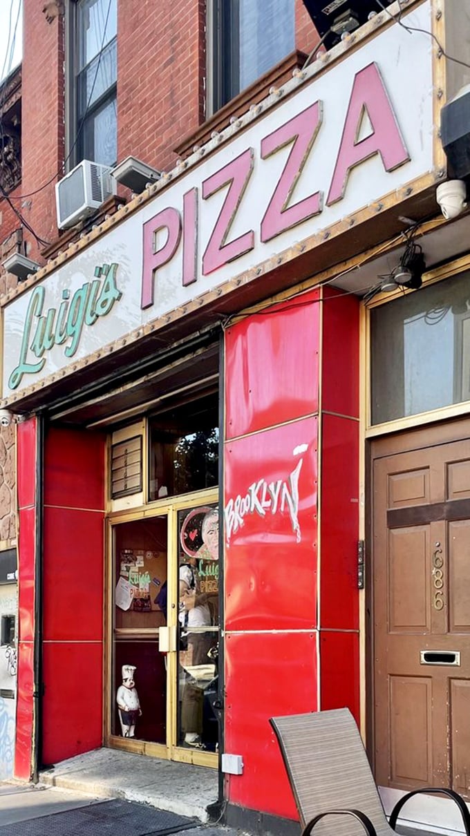 Luigi's vintage sign and bright red storefront scream "Brooklyn" louder than a cab driver in traffic.