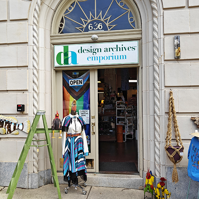The ornate entrance to Design Archives hints at the curated collection of vintage clothing and handmade items within.