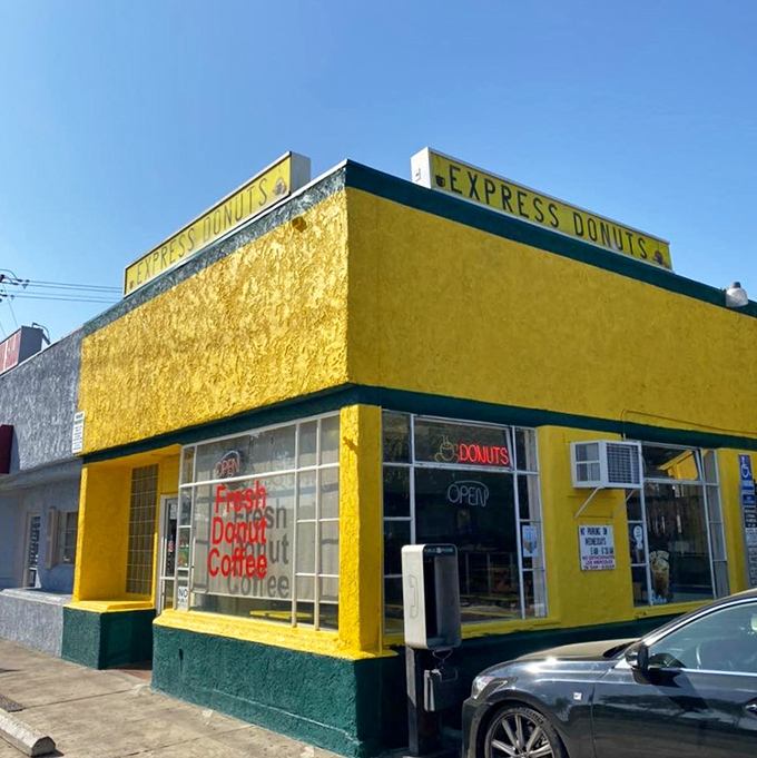 The cheerful yellow and green of Express Donuts brightens any Central Valley day &ndash; before the donuts even work their magic.
