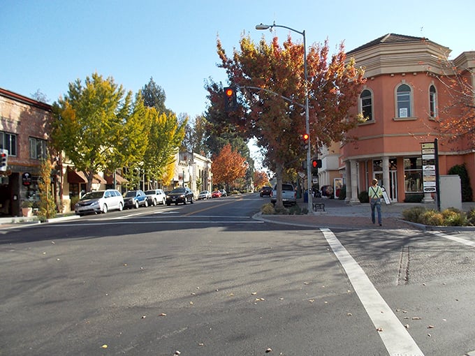 Fall colors frame Healdsburg's historic buildings, creating a postcard-perfect scene in this wine country gem.