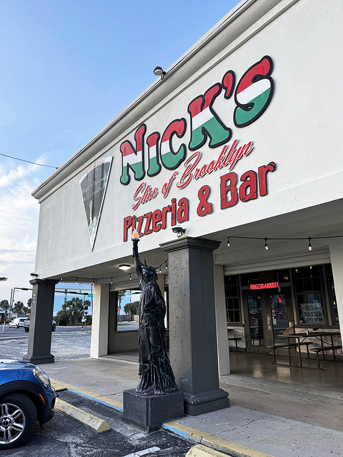The red, white and green sign at Nick's isn't just patriotic &ndash; it's a promise of authentic New York pizza on Panama City Beach.