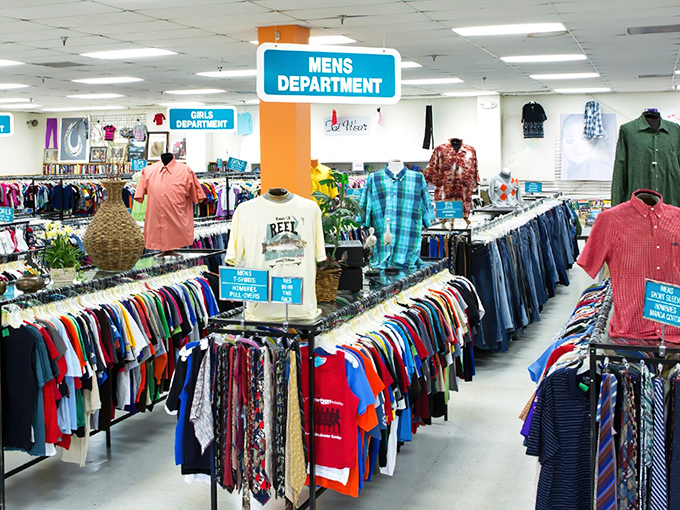 Color-coded tags guide you through departments organized with military precision and retail flair.