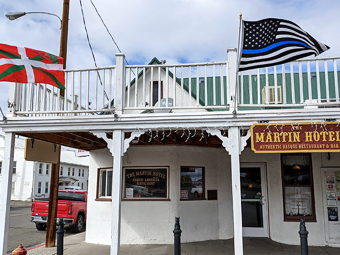 History meets flavor at The Martin Hotel, where those flags welcome you to a Basque culinary tradition that's pure Nevada.