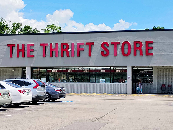 Bold red letters announce this thrift paradise like a town crier for the bargain-hunting community.