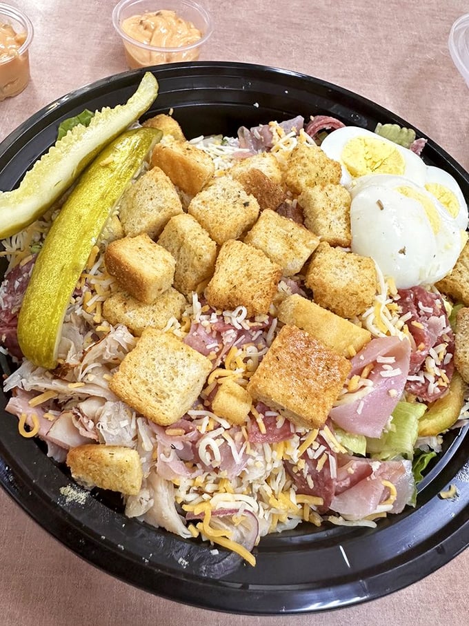 The chef's salad for those pretending to be virtuous. With that much meat, cheese, and croutons, it's basically a deconstructed sandwich anyway. 