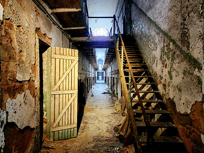 Decay creates its own kind of beauty in this abandoned cellblock. Those wooden stairs have carried countless footsteps over nearly two centuries.