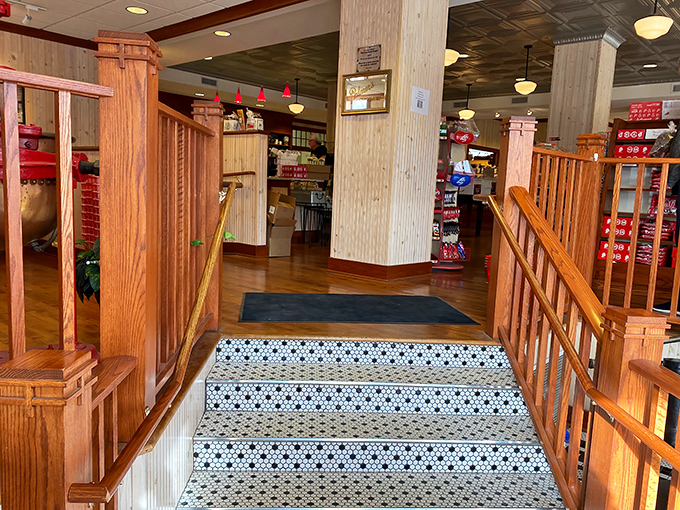 Wooden railings and classic tile floors guide visitors through this temple of treats, where every corner reveals new delights.