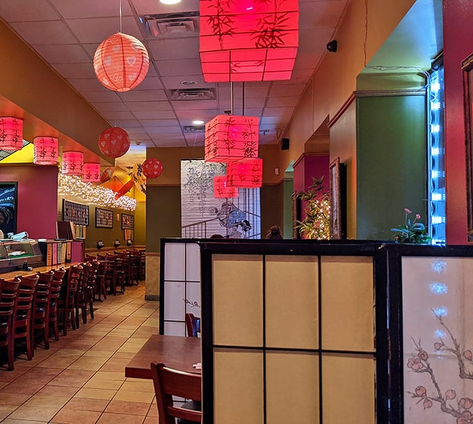 The thoughtful blend of yellow walls, paper lanterns, and wooden accents creates a cozy atmosphere that feels worlds away from Des Plaines.