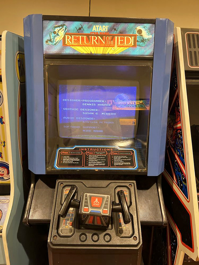 Return of the Jedi arcade cabinet&mdash;when movie tie-in games were special events. That blue vector graphics display still hypnotizes like it did when Reagan was president.