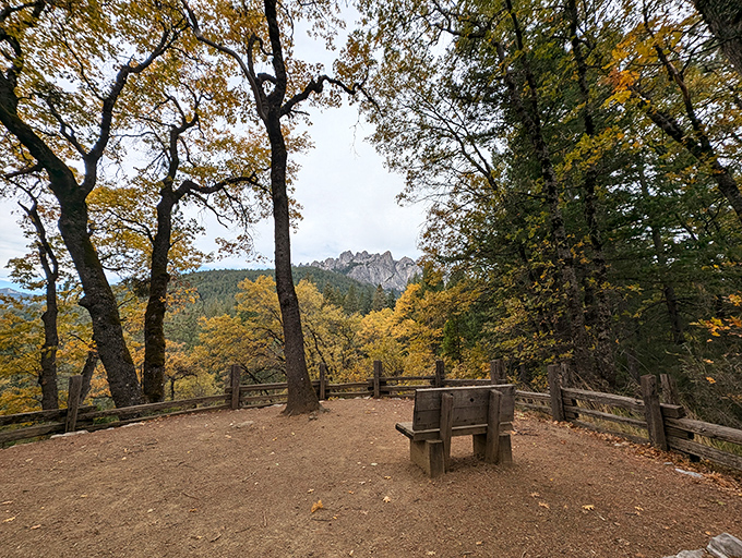 Fall foliage frames the distant crags like nature's own viewing platform. Autumn transforms this vista into a golden gallery.