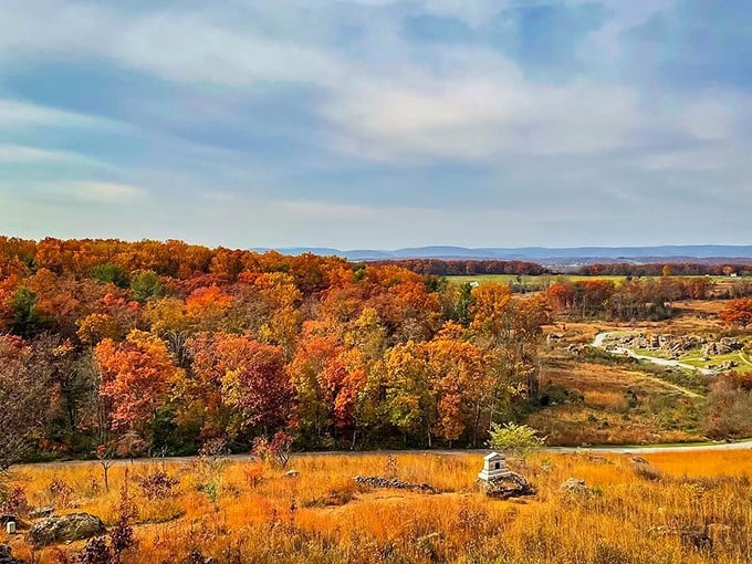 Fall foliage transforms Gettysburg's battlefield into a painter's dream. Those who fought here couldn't have imagined such peaceful beauty would return.