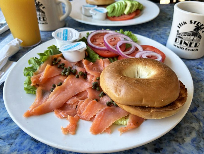 Lox and bagel done right&mdash;with those essential capers, red onions, and enough salmon to make upstream swimming seem worth the effort.