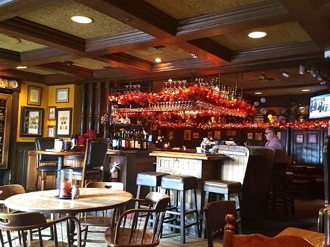 The bar area glows with holiday cheer and the promise of perfectly aged spirits to complement your perfectly aged beef.