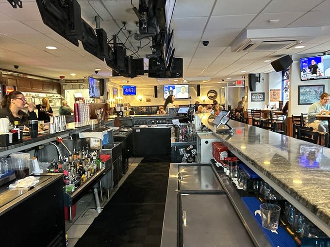 The bar stands ready for thirsty travelers&mdash;a modern-day canteen where historical discussions and sports debates unfold with equal passion.