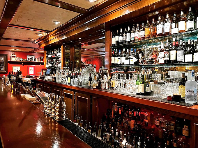 A bar that understands priorities: well-stocked, beautifully lit, and ready to serve drinks that complement rather than compete with the food.