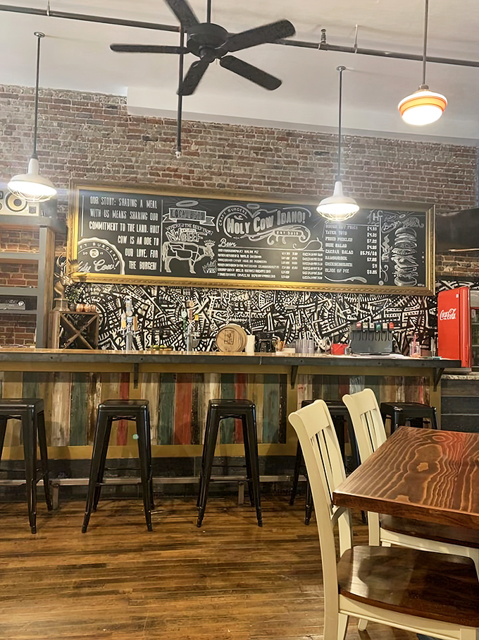 The chalkboard menu and colorful bar front tell you this place takes beer as seriously as its burgers. A perfect pairing philosophy.