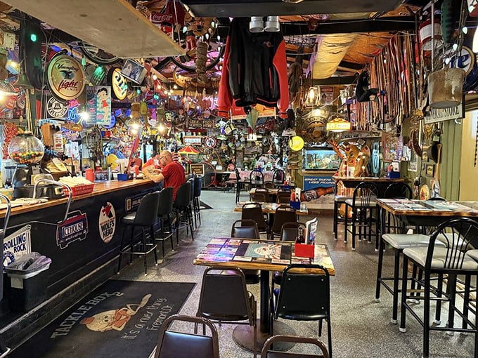 The bar area doesn't just serve drinks; it serves history&mdash;one beer sign, fishing lure, and conversation at a time.