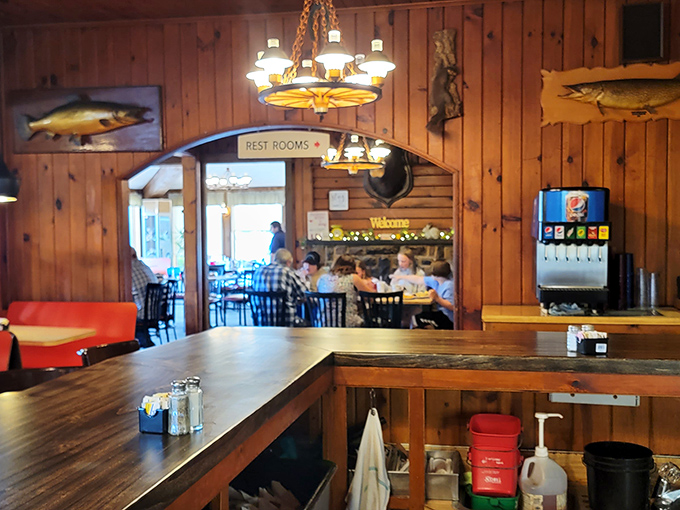 Rustic charm meets practical hospitality in a dining room where conversations flow as freely as the coffee refills.