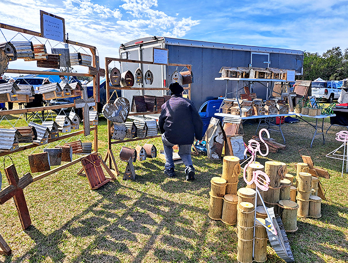 Rustic craftsmanship that transforms ordinary wood into backyard conversation pieces—flamingo optional but highly recommended.