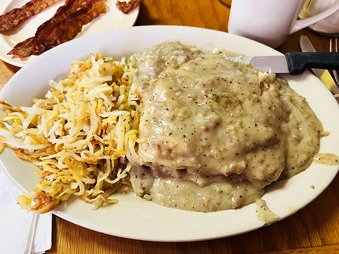 Biscuits and gravy that would make your Southern grandmother nod in approval &ndash; comfort food that hugs you from the inside out.