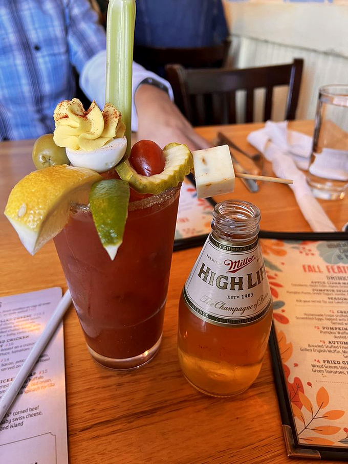Wisconsin's Bloody Mary game is legendary, and this garden-in-a-glass version with a Miller High Life sidecar proves why.