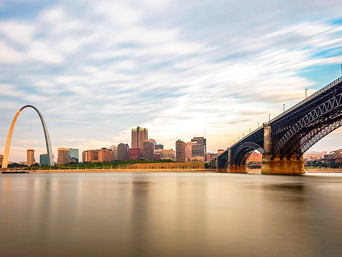 The historic Eads Bridge spans the Mississippi with industrial elegance, connecting Maplewood residents to downtown St. Louis adventures whenever urban cravings strike.